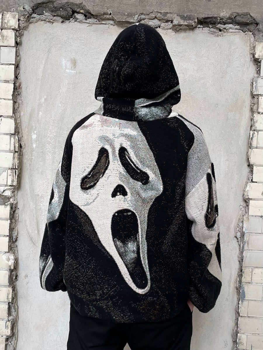 VA-SS25-BL020 GHOSTFACE TAPESTRY HOODIE – VENDETTA ARCHIVE